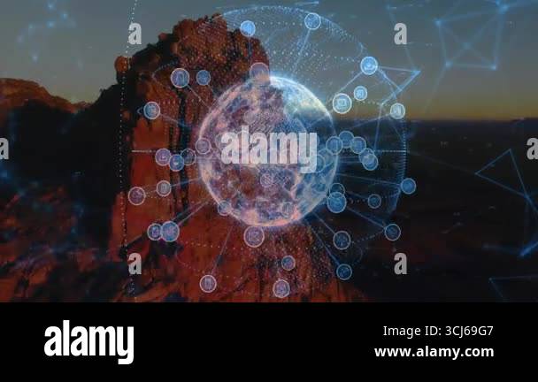 Translucent holographic globe materializing and pulsating while emitting expanding data ...