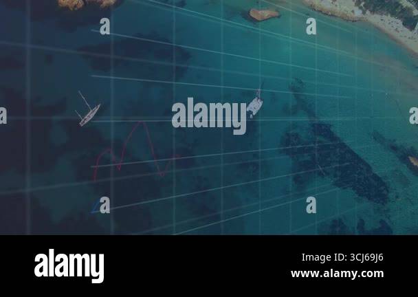 On timeline advancing line graphs fading near drifting sailboat and ...