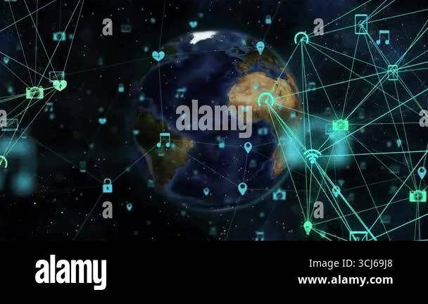 Starry space initiating neon network lines growing on Earth rotating ...