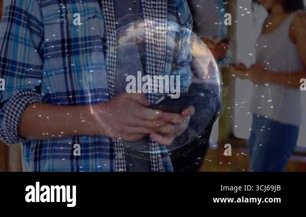 woman tapping smartphone and animating data globe, showcasing tech network for coworkers in loft ...