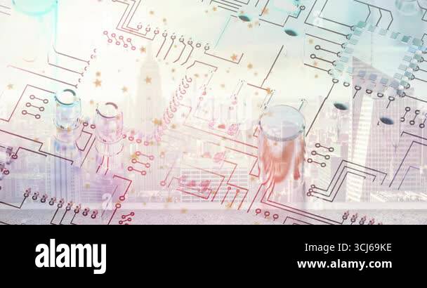 Particles drifting across circuit board after skyline overlay appearing ...