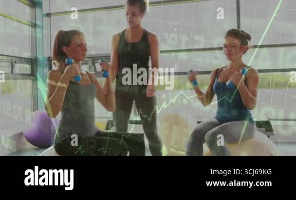 Two women doing dumbbell curls after instructor guiding form ...