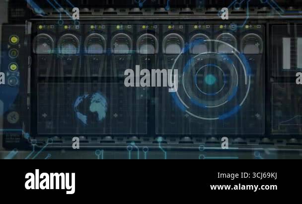 On opening hard drive bay, grid lines, globe fading, HUD pulsing, bars ...