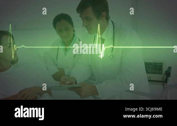 ECG waveform spiking in clinic and leading doctor writing notes and ...