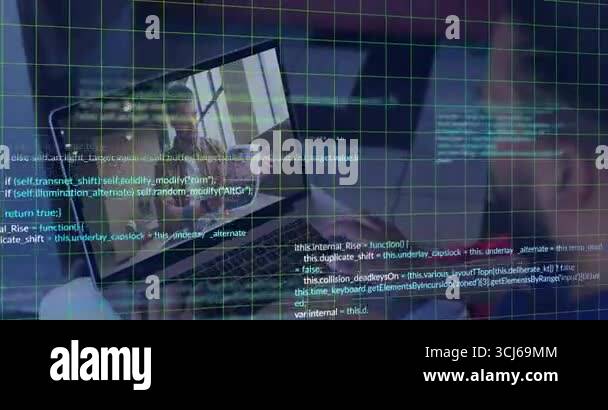 Man opening laptop starting remote tech call grid forming code ...