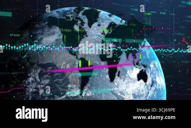 On start rotating 3D globe, sweeping bars, pulsing line and rising candlesticks showing market ...