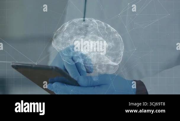 Gloved doctor tapping tablet causing rotating brain hologram and revealing stethoscope for ...