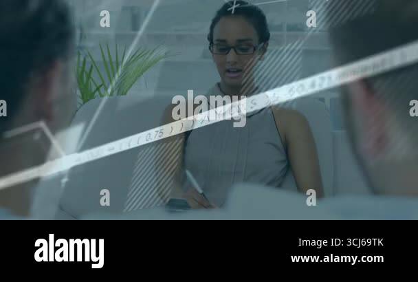 Businesswoman writing notes with animated graph and code layer ...