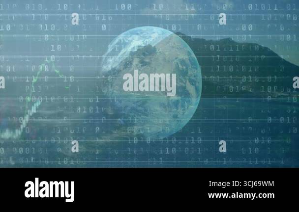 After Pause Line Chart Tracing Water Beneath Binary Code And Globe Visualizing Market Trend