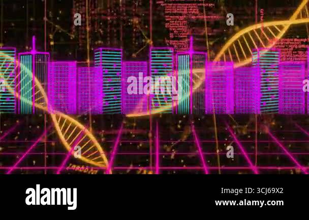 Glowing DNA helix emerging from right, rotating over grid, code text stacking showing data flow ...