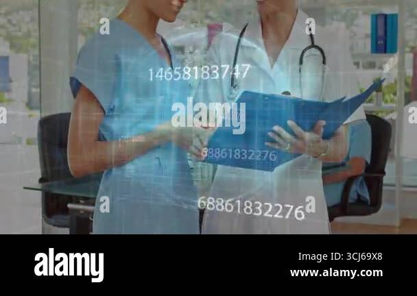 Medical digital overlay guiding nurse and doctor holding blue folder ...
