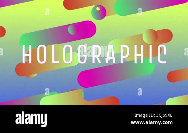 Opening green canvas revealing HOLOGRAPHIC text sliding over gradient bars, with drifting ...