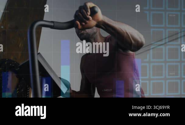 Man stepping onto elliptical and pedaling in gym, activating chart ...