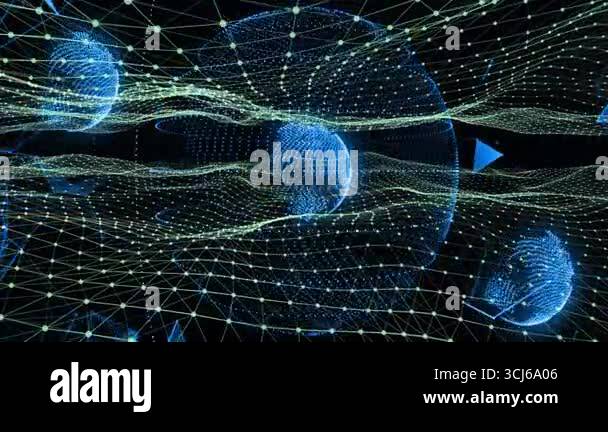 On start central sphere hovering above mesh wave undulating and drifting sphere showing data ...