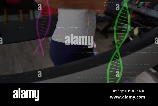 Fitness runner speeding treadmill post console lighting pumping arms with DNA strands showing ...