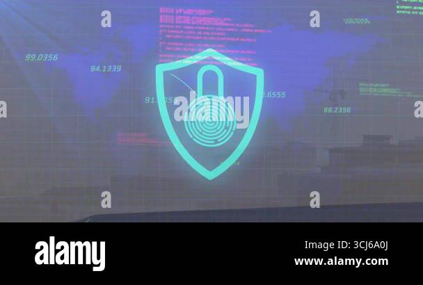 Projecting shield padlock while linking lines updating code blocks pulsing rings scanning ...