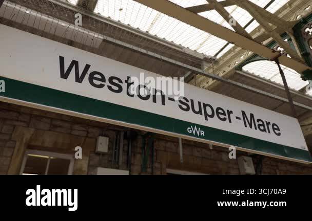 WESTON, UK - AUGUST 8, 2025 - Weston super Mare railway station sign ...