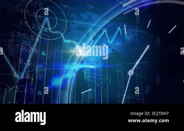 Upon dashboard loading, chart sweeping, clock arc moving, Bitcoin icon ...