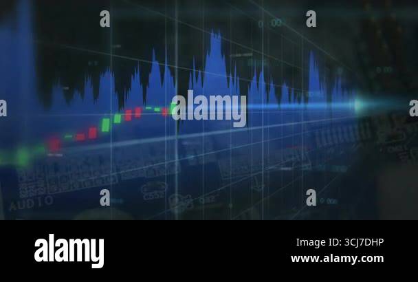 Blue waveform appearing on grid starting candlestick bars rising falling illustrating market ...