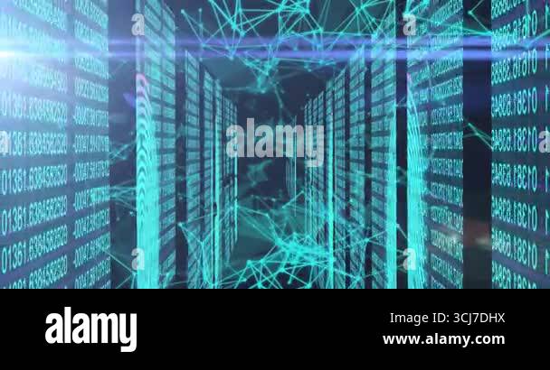 At start binary panels appearing, network mesh forming, digits scrolling, camera drifting ...