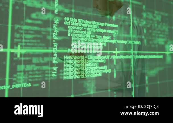 Developer tapping smartphone causing code grid swirling and reorganizing visualizing functions ...