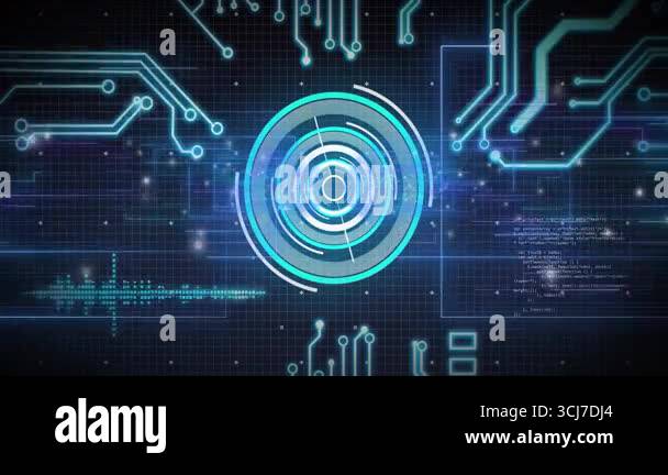 Opening dark grid UI, circular HUD pulsing rings, illuminating circuits, displaying code ...