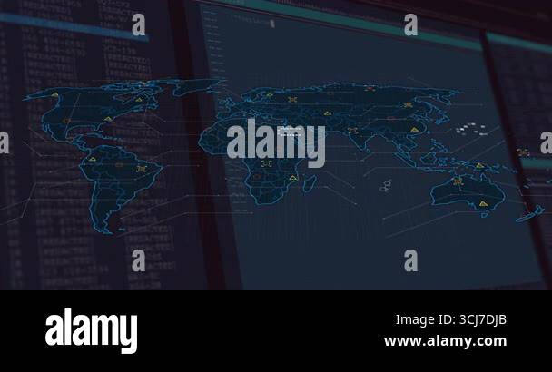 Digital world map overlay expanding, data icons appearing and hex grids ...