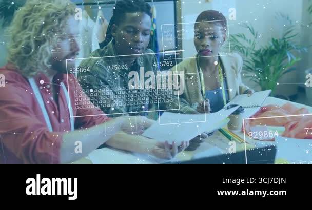 Left man sliding document and leading team reviewing design with animated grids highlighting ...