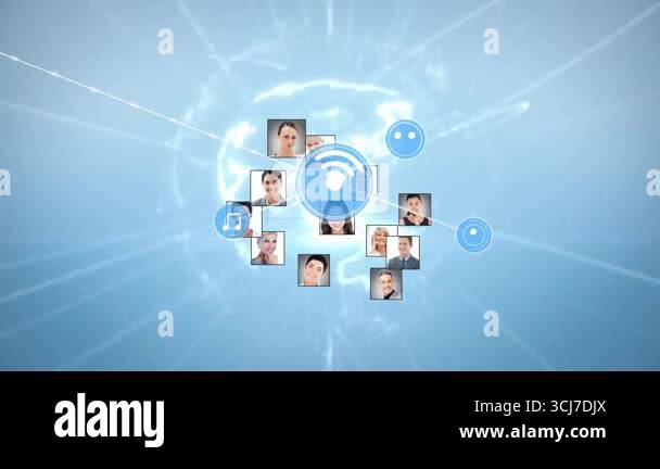 Users in tech network using pulsing icon, forming expanding rings linking icons to build network ...