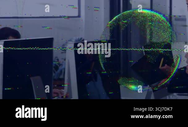 Woman pointing screen with pencil and initiating glitch while globe ...