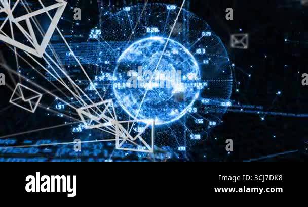 On startup glowing 3D mesh sphere rotating and revealing data overlays to visualize network flow ...