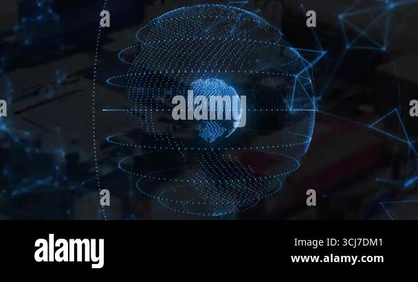 Faint blue dots forming sphere with rings animating rotating hologram showing network ...