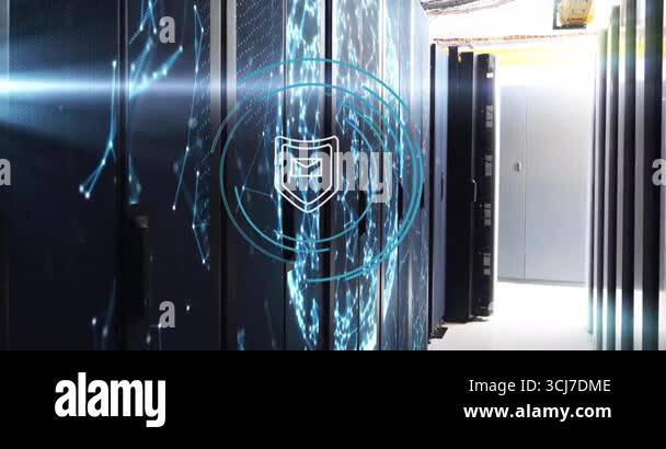Gliding down server aisle network visuals sweeping globe and shield rings orbit signaling ...