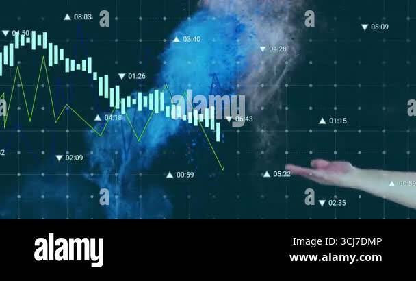 Hand releasing white and blue powders colliding over grid while bar line graphs showing data ...
