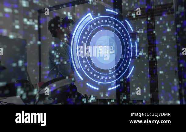 Man wearing VR headset activating holographic interface for realtime ...