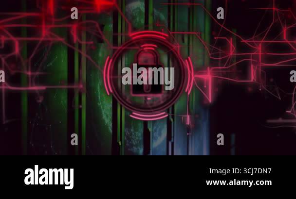 Faint red circuit lines crawling from left activating padlock icon grid ...