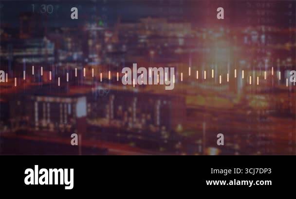 Pulsing bars appearing over nighttime skyline, then drawing orange line ...