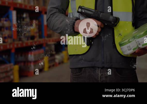 Warehouse worker scanning barcode on six-pack and showing animated HUD ...