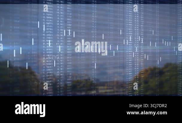 candlestick chart overlay scrolling leftwards across riverside path ...