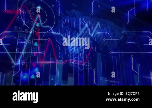 Circular highlight causing two-tone graphs oscillating, linking nodes pulsing traces showing ...