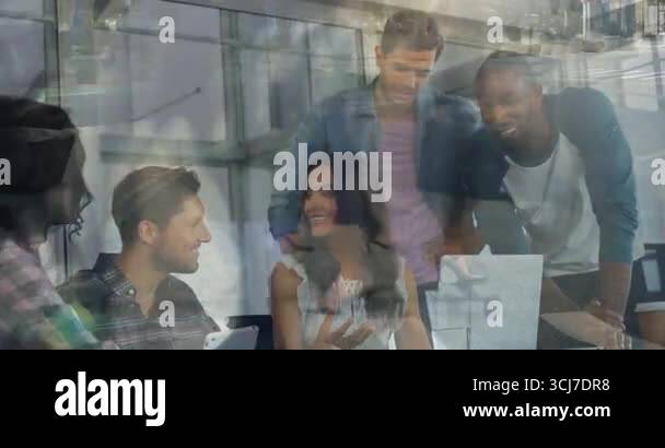 Woman leading meeting showing design while tablet tap revealing ...