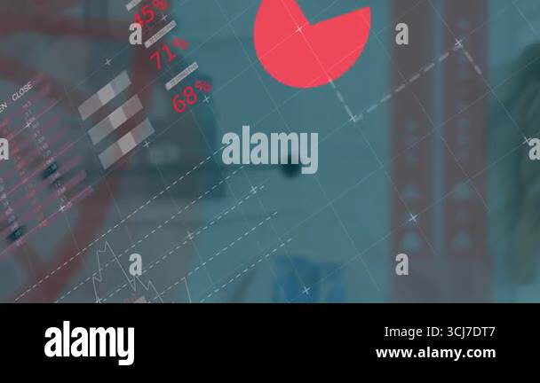 Woman analyst tapping tablet after transparent overlay sliding in and updating charts for ...