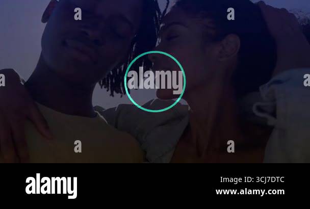 camera focusing on couple smiling and leaning initiating dot overlay shifting hues in marketing ...