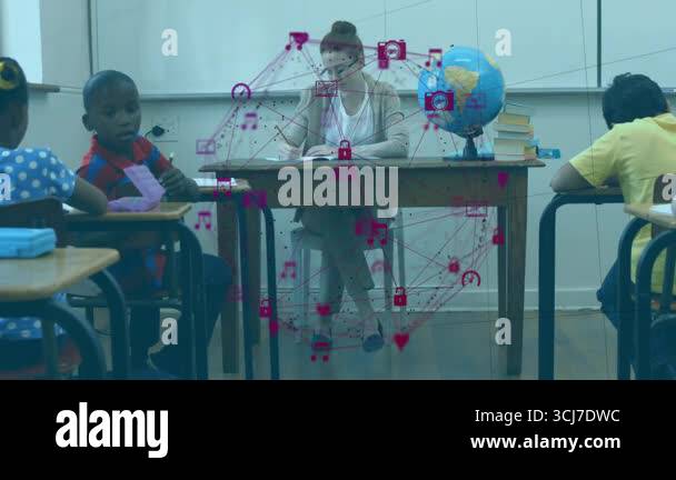 teacher writing notes while student picking purple tablet and tapping ...