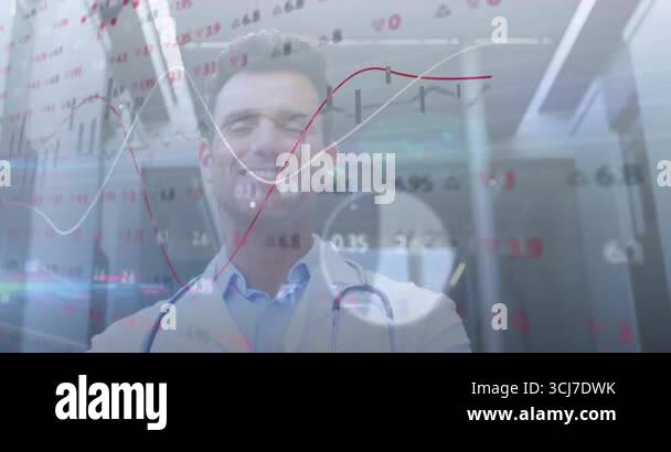 Doctor standing with stethoscope in lab, red chart projecting behind ...