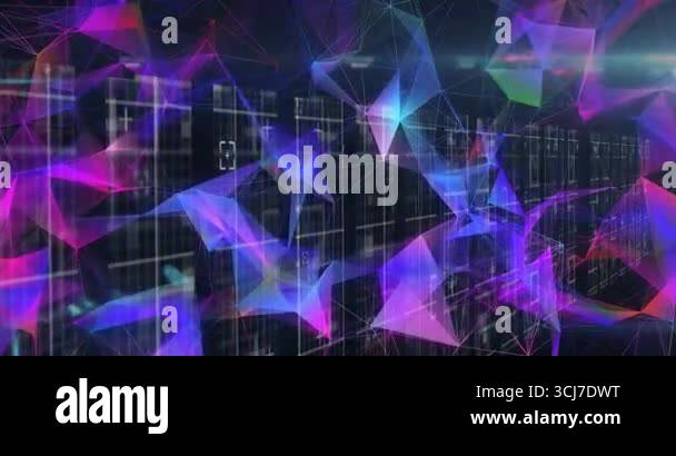 On startup purple triangular nodes morphing across grid, pulsing and recombining data network ...