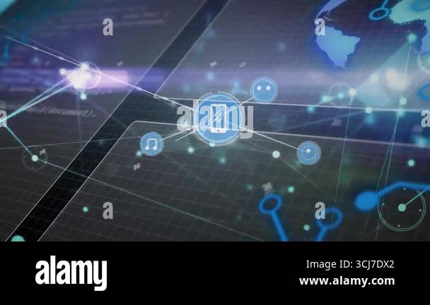 Lines pulsing from smartphone connecting music-note nodes while purple ...