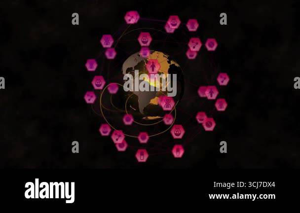 Pulsing golden core activating globe rotating, sending pink icons ...