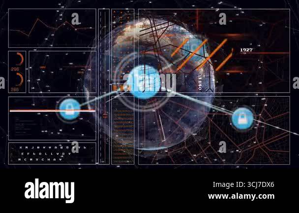 Upon grid revealing 3D globe, padlocks and shopping carts forming ...