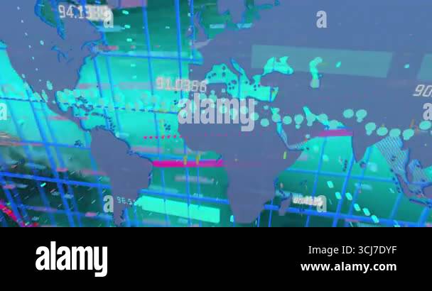 Opening flat world map on teal grid, animating dotted trajectory and rising peaks visualizing ...